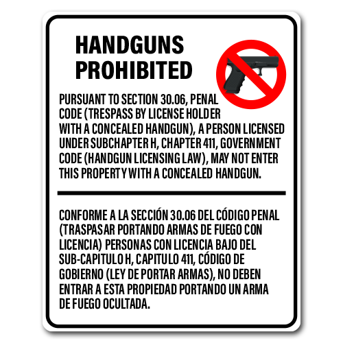 Texas Concealed Handguns Prohibited Decal - Penal Code 30.06 Compliant ...